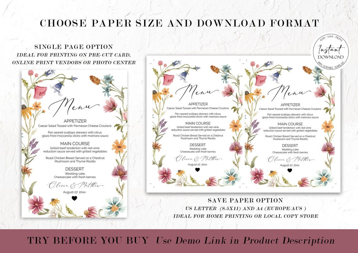 Wildflower Menu Card Wildflower Wedding Menu Template - Etsy