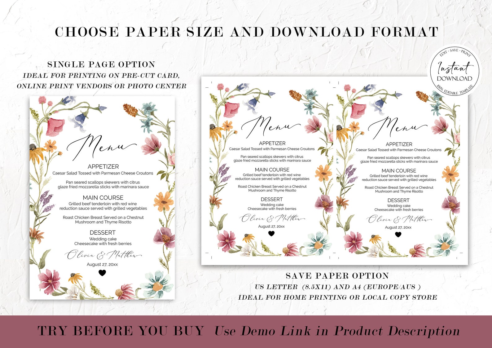Wildflower Menu Card Wildflower Wedding Menu Template - Etsy