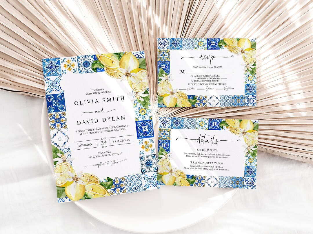 Positano Blue Tiles Lemon Wedding Invitation Set, Mediterranean Wedding ...