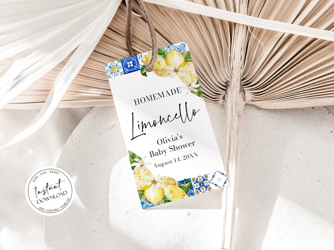 Editable Blue Tiles Lemons Homemade Limoncello Favour Tags, Printable ...