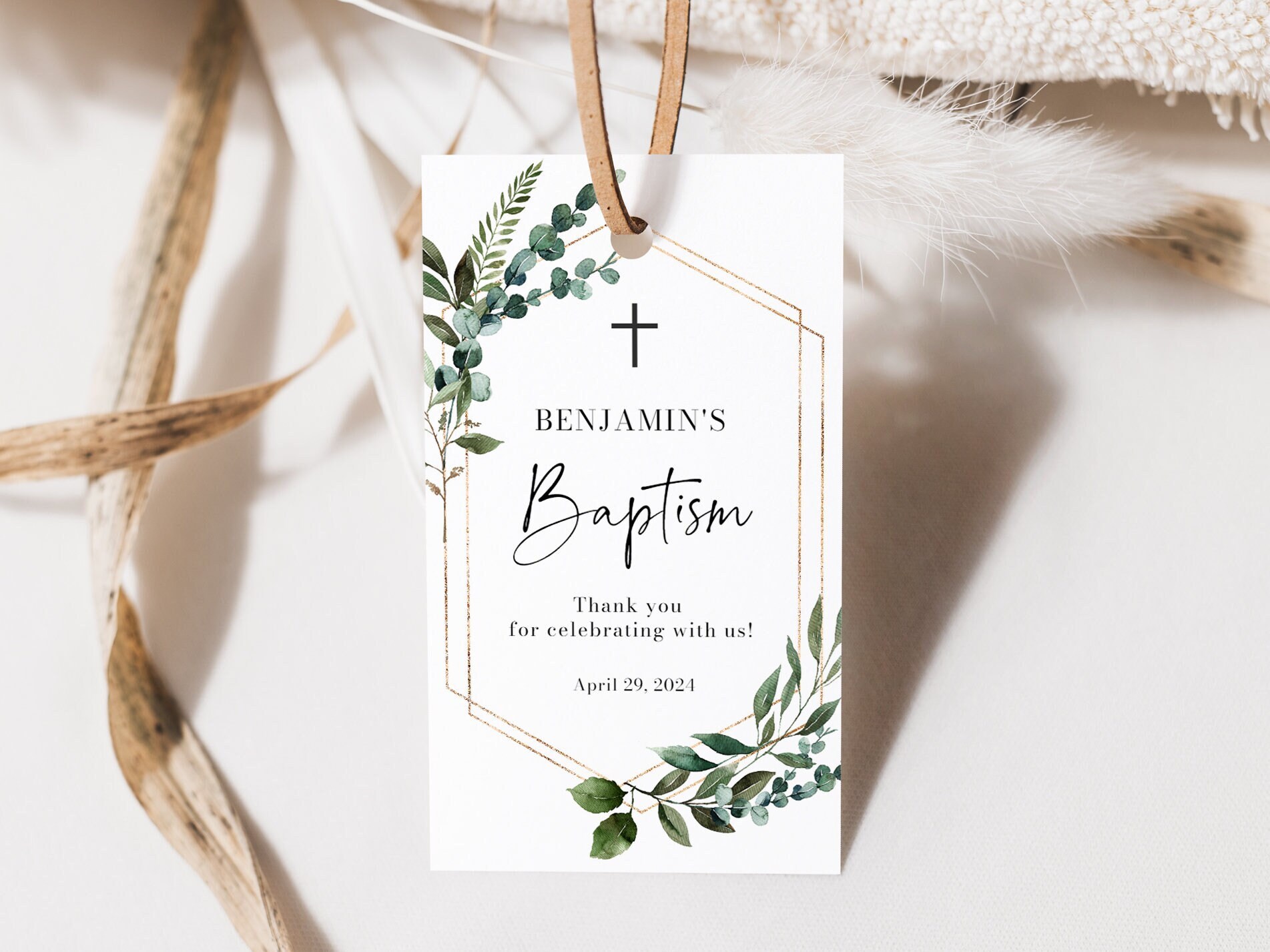 Greenery Baptism Favor Tag Template Editable Lush Greenery - Etsy