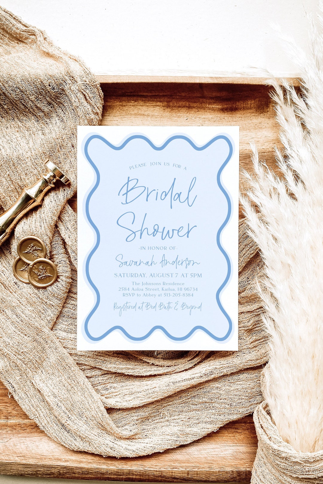 Dusty Blue Wavy Bridal Shower Invitation Template, Curve Modern Bridal ...