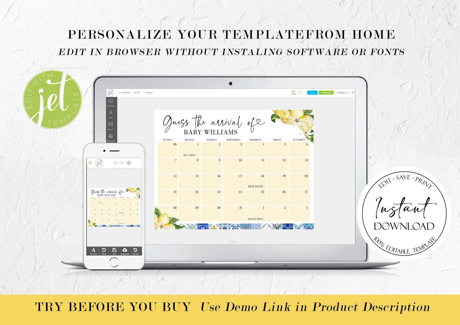 Editable Blue Tiles Lemon Baby Due Date Calendar Sign, Mediterranean ...