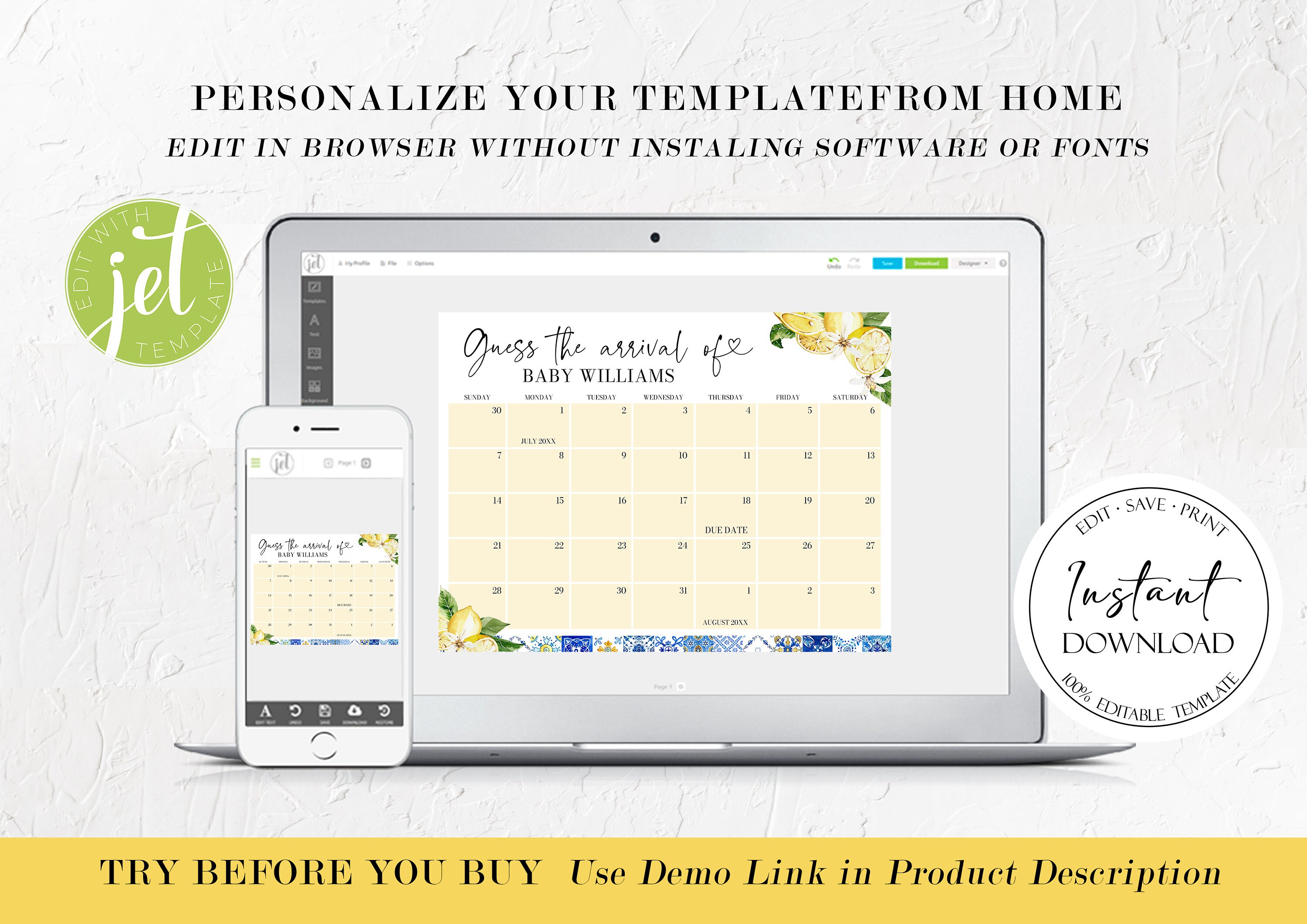 Editable Blue Tiles Lemon Baby Due Date Calendar Sign, Mediterranean ...