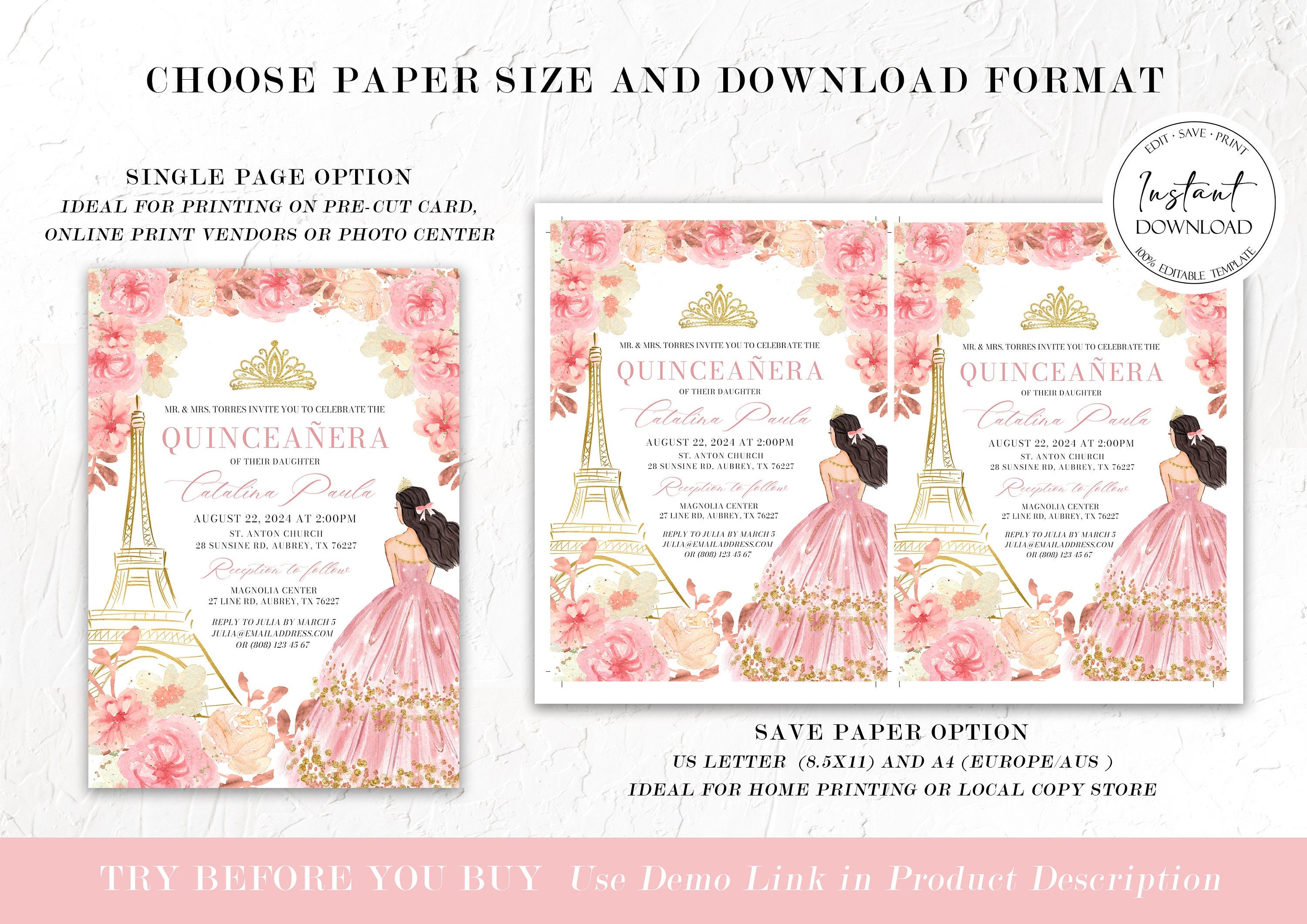 Blush Pink Floral Quinceanera Invitation, Paris Quinceanera Invite, Mis ...