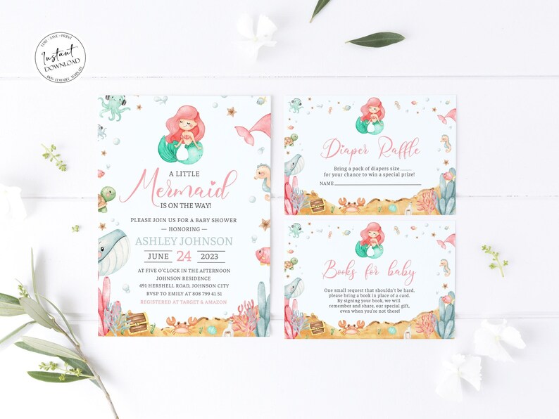 Editable Mermaid Baby Shower Invitation Bundle Little Mermaid - Etsy