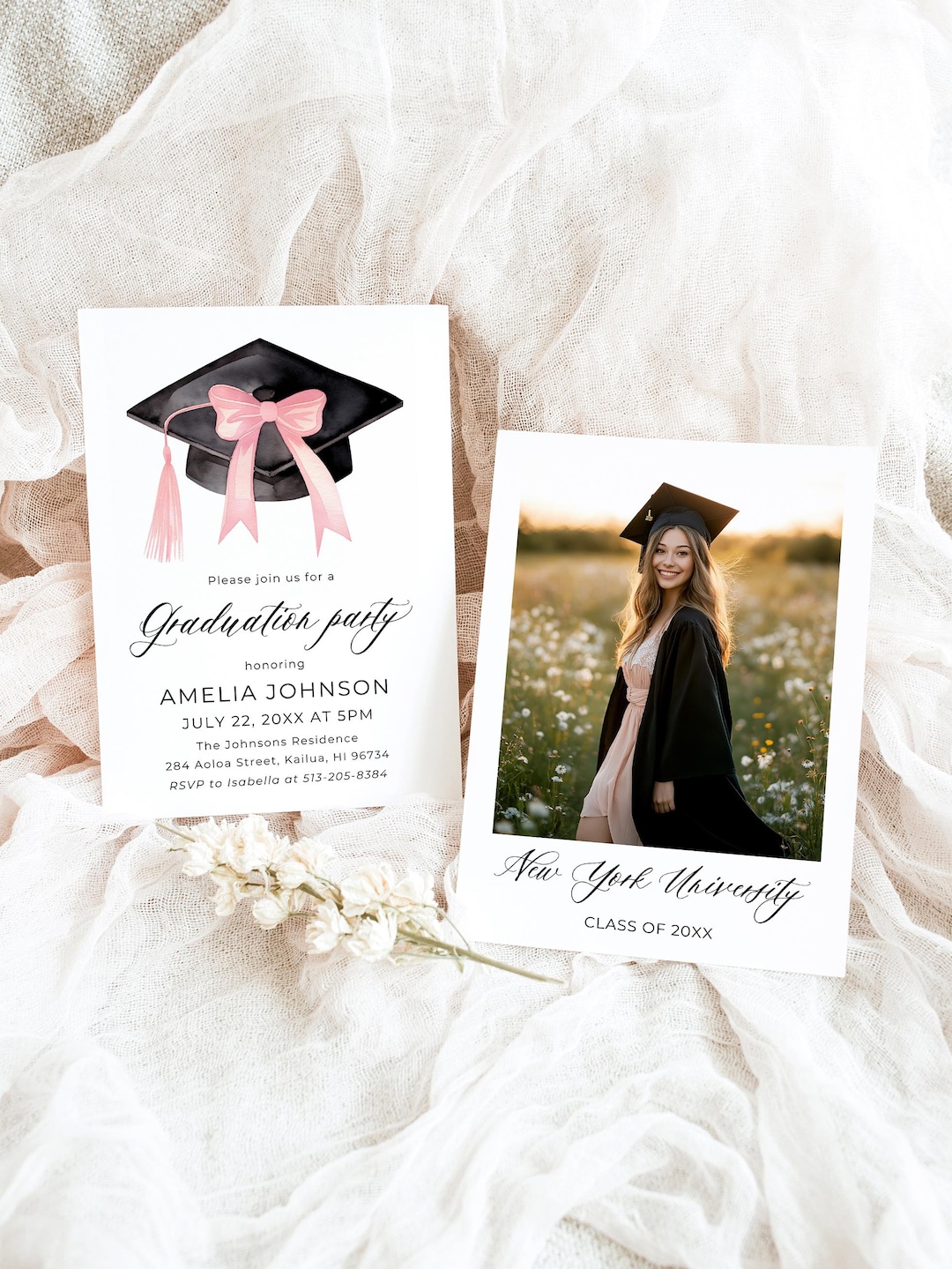 Pink Bow Graduation Cap Invitation: Coquette Grad Party, Class of 2025 ...