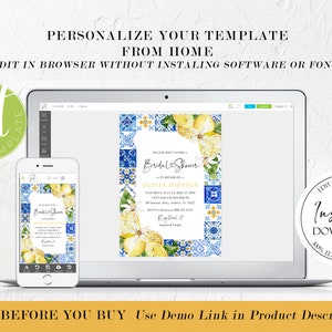 Italian Blue Tile Lemon Bridal Shower Invitation Template Mediterranean ...