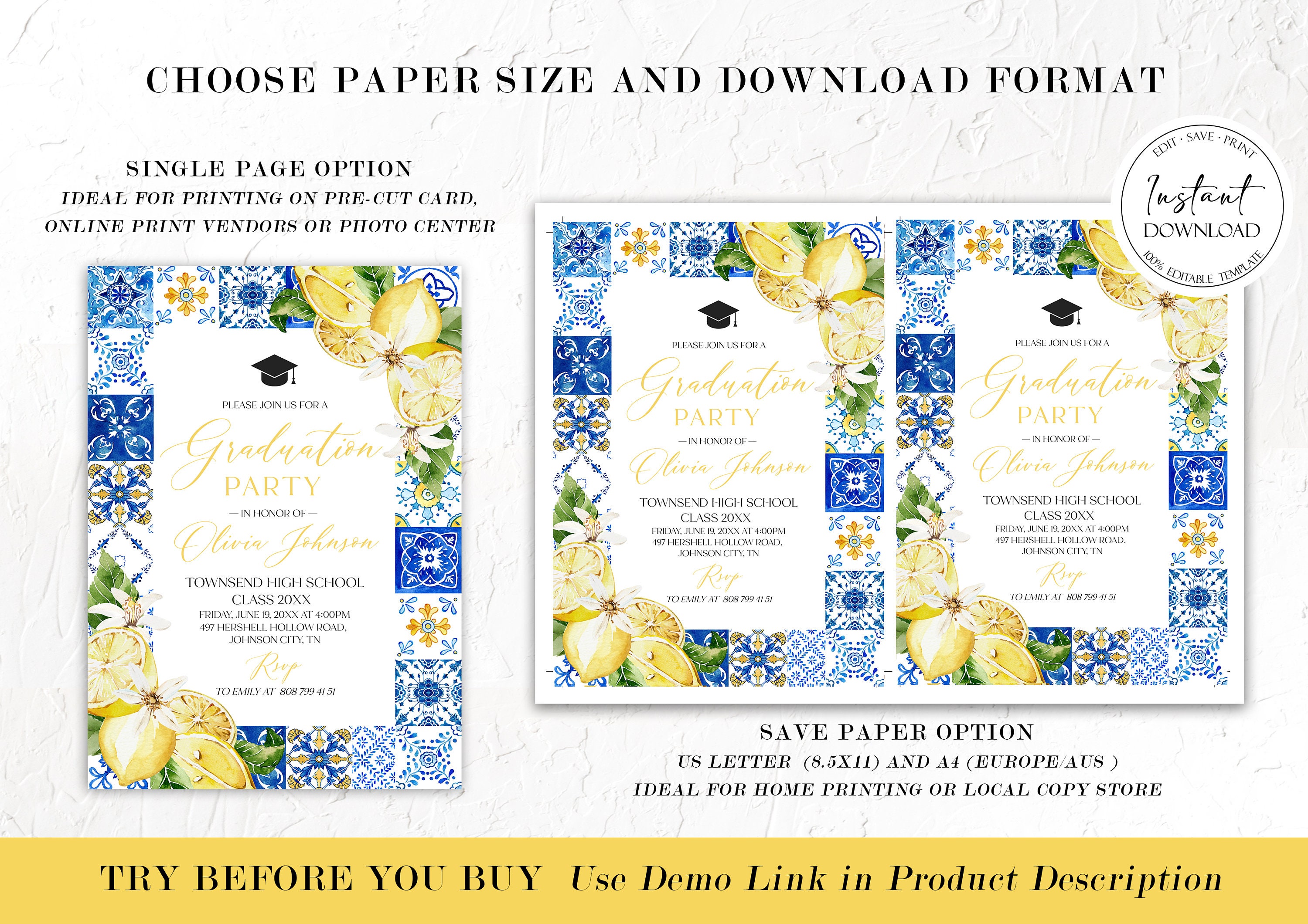 Editable Photo Italian Blue Tile Lemons Graduation Invitation, Italian ...