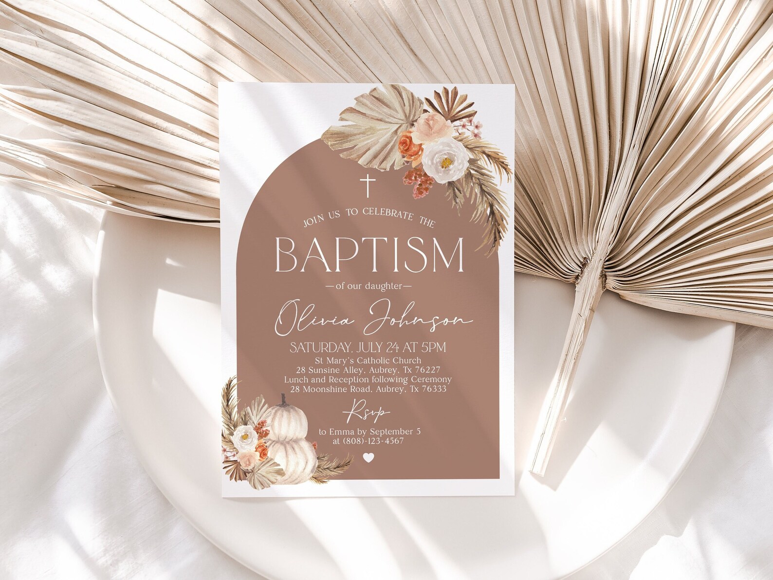 Fall Baptism Invitation Template, Editable Arch Boho Pampas Grass ...