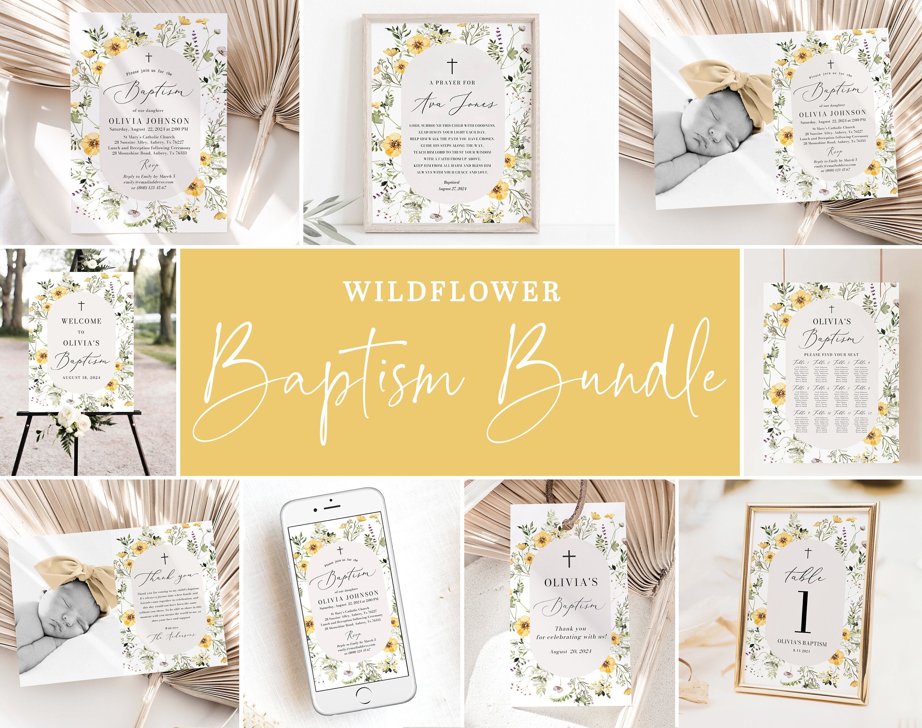 Wildflower Baptism Invitation Bundle Editable Wildflower Christening Invite Bundle, Yellow ...