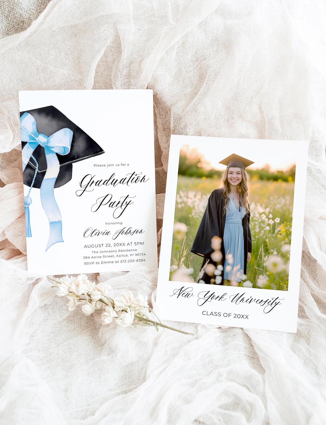Blue Bow Graduation Cap Graduation Invitation, Class 2025 Graduate ...
