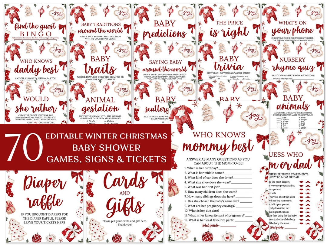 Editable Winter Baby Shower Game Bundle, Red Gender Neutral Holiday ...