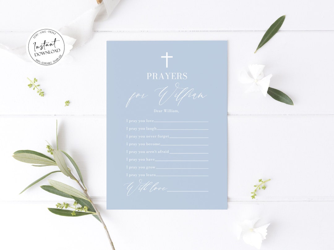 Dusty Blue Baptism Prayer Card Template, Prayers for Baby Cards, White ...
