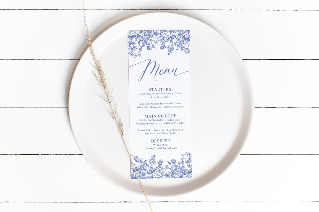 Elegant Blue Floral Wedding Menu Template, Vintage Floral Wedding Menu ...