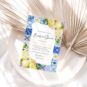 Italian Blue Tile Lemon Bridal Shower Invitation Template Mediterranean ...