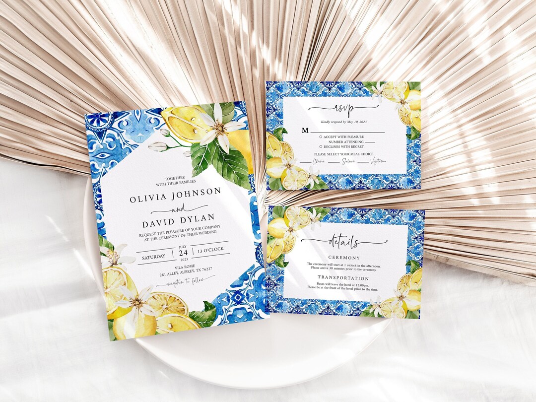 Positano Blue Tile Lemons Wedding Invitation Set, Mediterranean Wedding ...