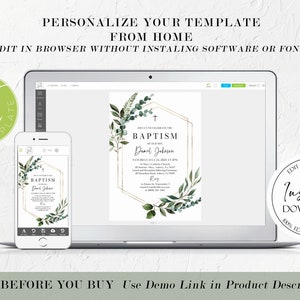 Greenery Gold Baptism Invitation Bundle, Editable Boy Christening ...