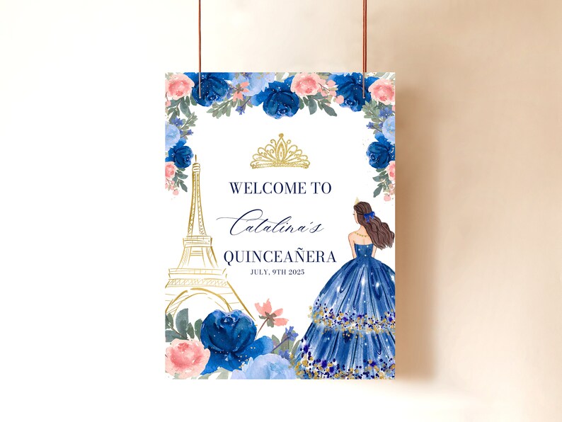 Royal Blue Pink Floral Quinceanera Welcome Sign Paris Eiffel - Etsy