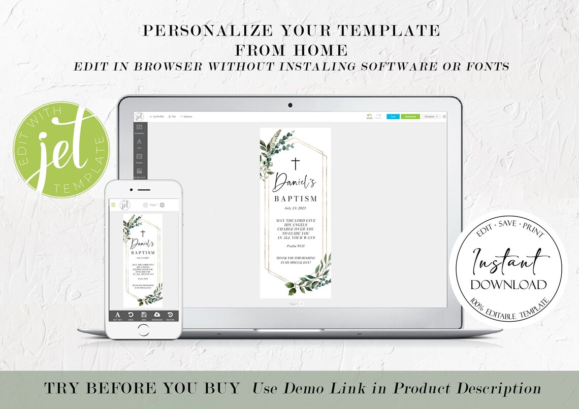 Greenery Baptism Bookmark Template Editable Baptism Bookmark - Etsy