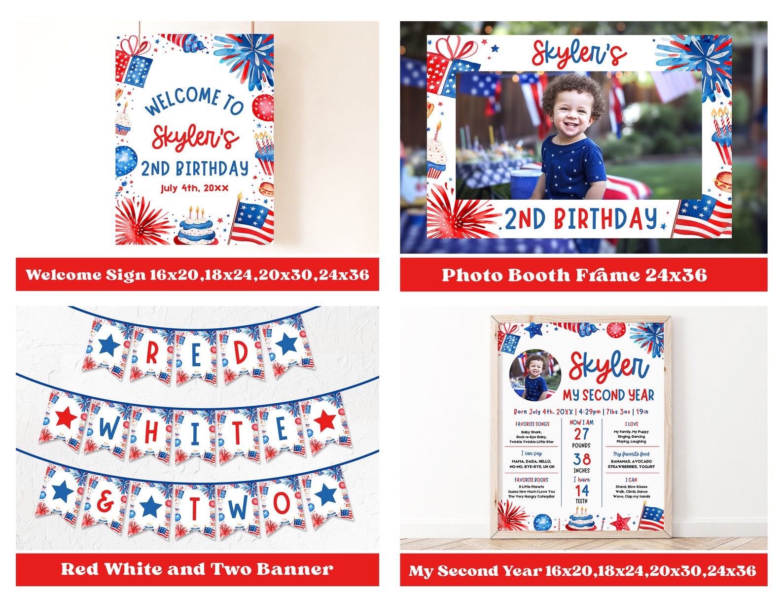 Red White and Two Birthday Invitation Bundle, 4th of July 2nd Birthday ...