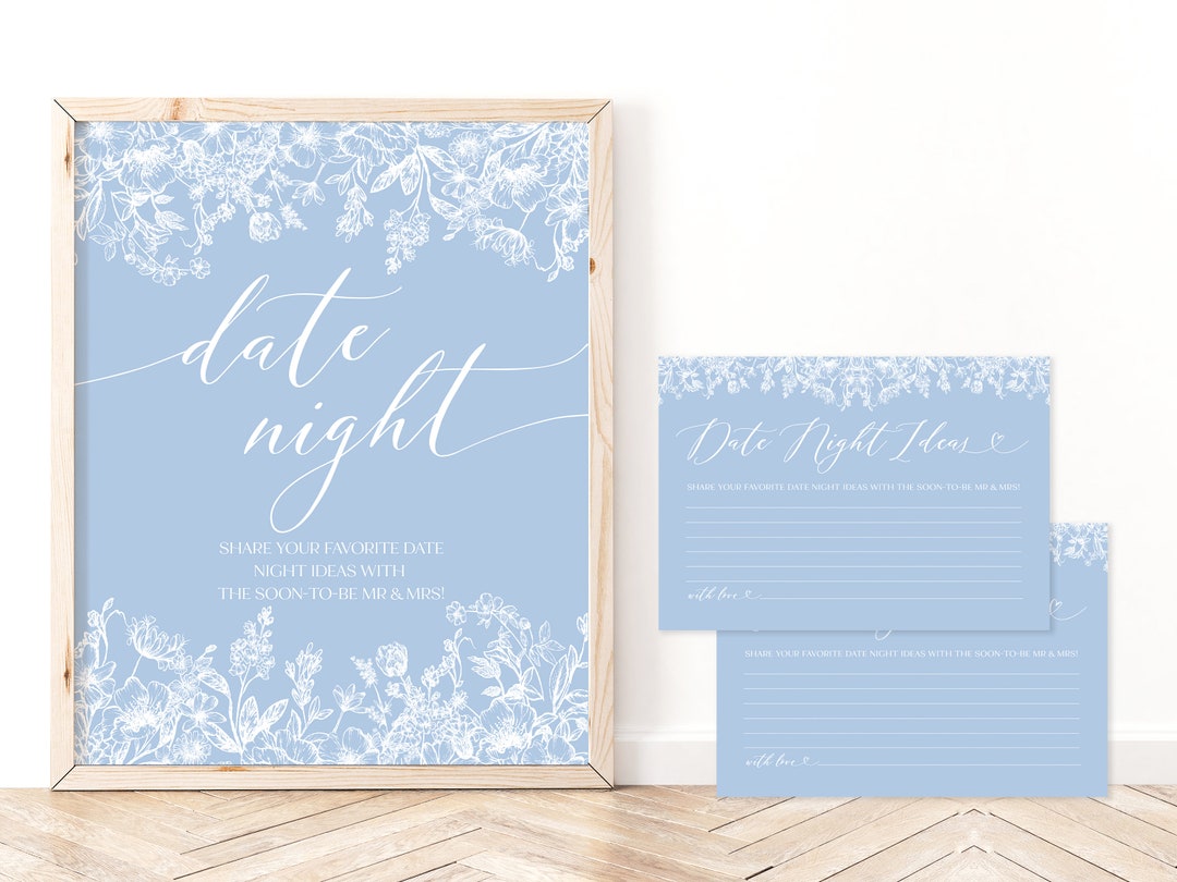 Dusty Blue White Floral Date Night Ideas Cards, Blue Date Night Ideas ...