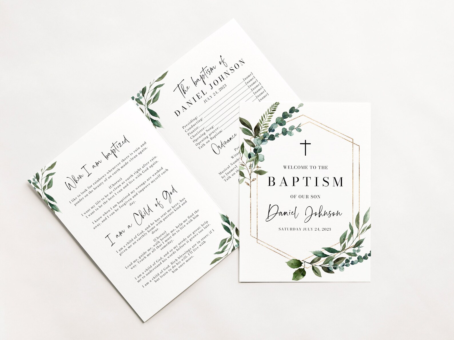 Greenery Gold Baptism Invitation Bundle Editable Boy - Etsy
