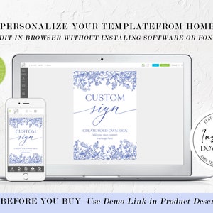 Blue Floral Custom Sign Template, Blue Vintage Botanical Wedding Custom ...