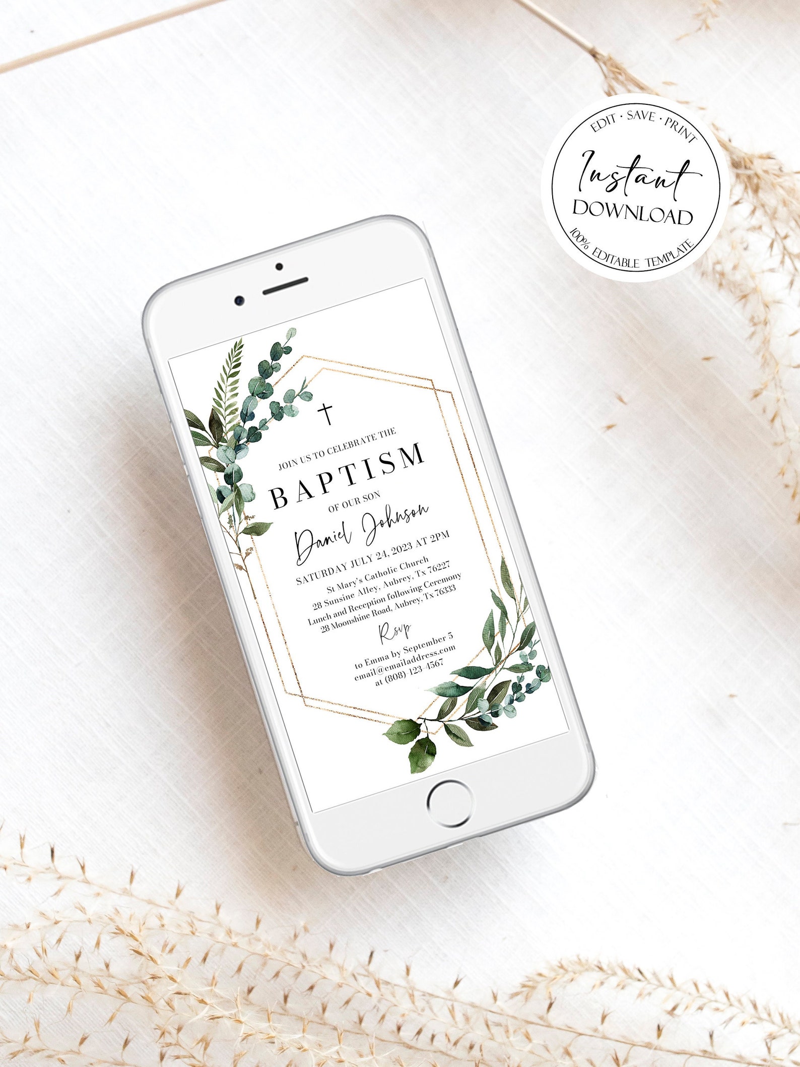 Digital Baptism Invitation Editable Greenery Gold Baptism Evite ...