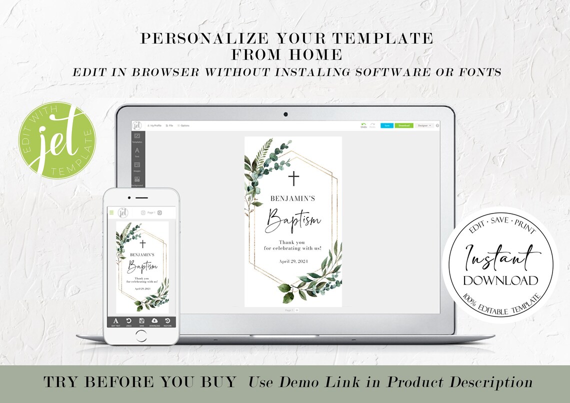 Greenery Baptism Favor Tag Template Editable Lush Greenery - Etsy