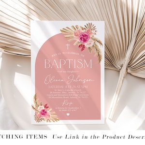 Pink Girl Boho Custom Baptism Sign Template Editable Arch Boho Pampas ...