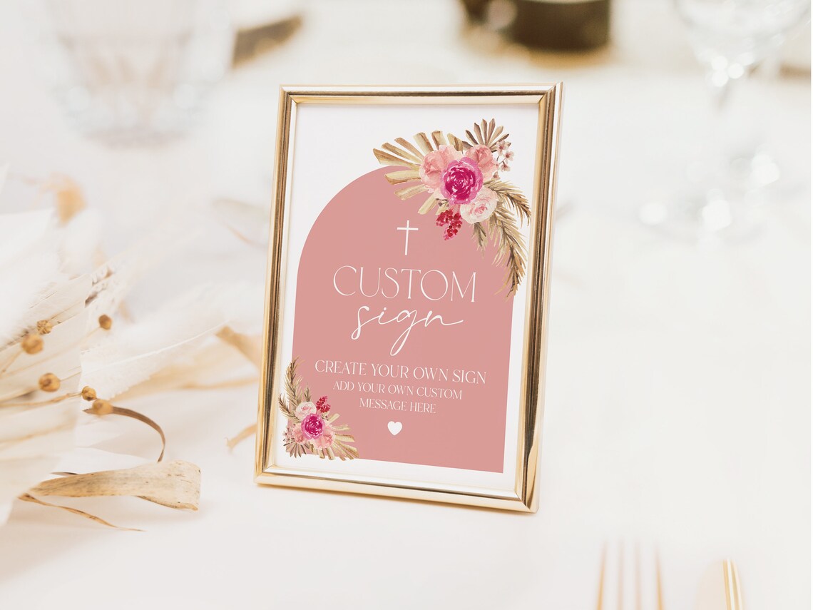Pink Girl Boho Custom Baptism Sign Template Editable Arch Boho Pampas ...
