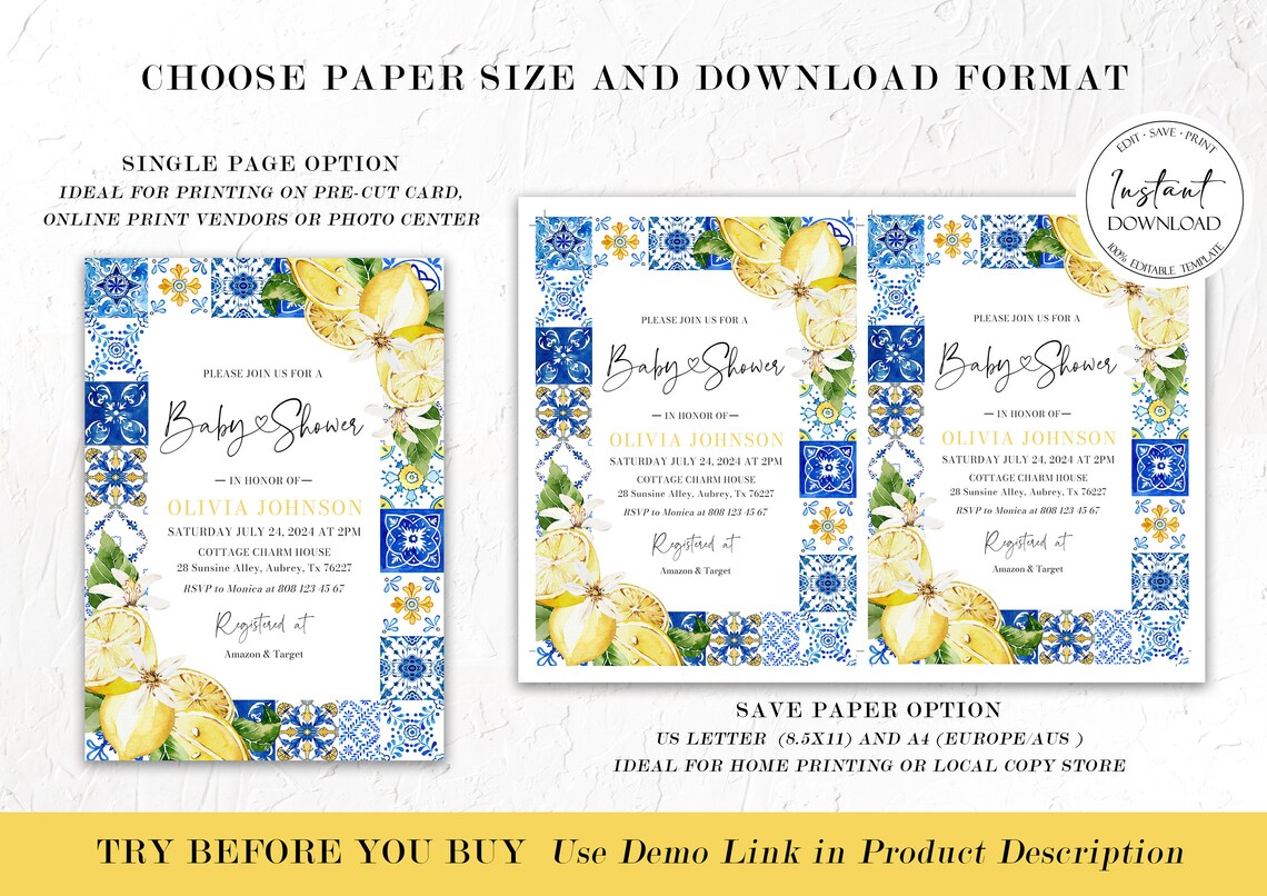 Positano Blue Tiles Lemon Baby Shower Invitation Template, Italian ...