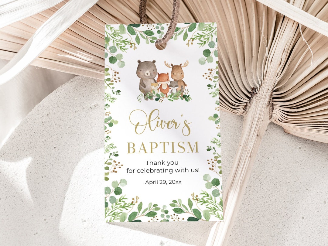 Greenery Baptism Favor Tag Template Editable Woodland Baptism Thank You ...