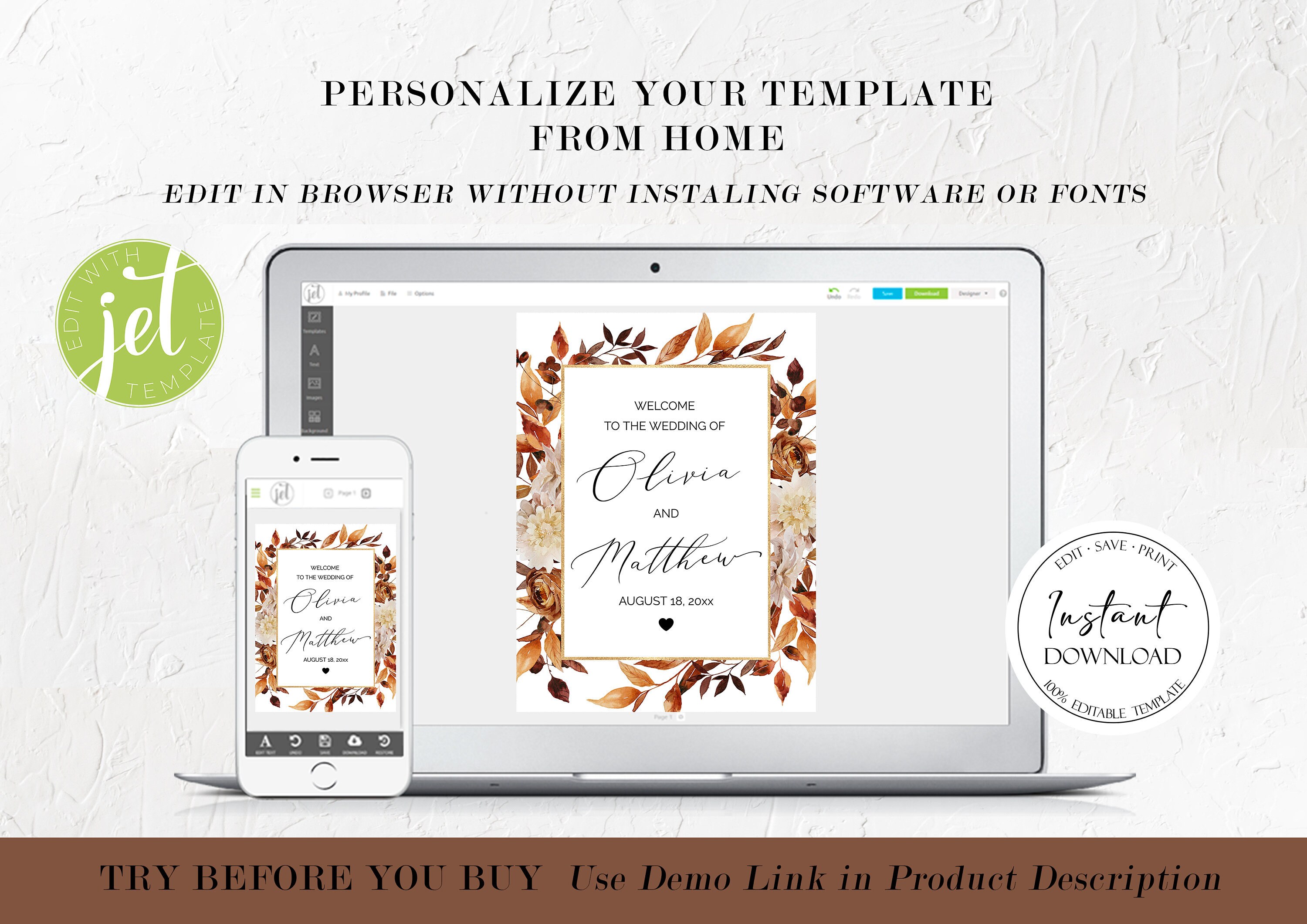 Fall Wedding Welcome Sign Template, Autumn Wedding Ceremony Sign ...