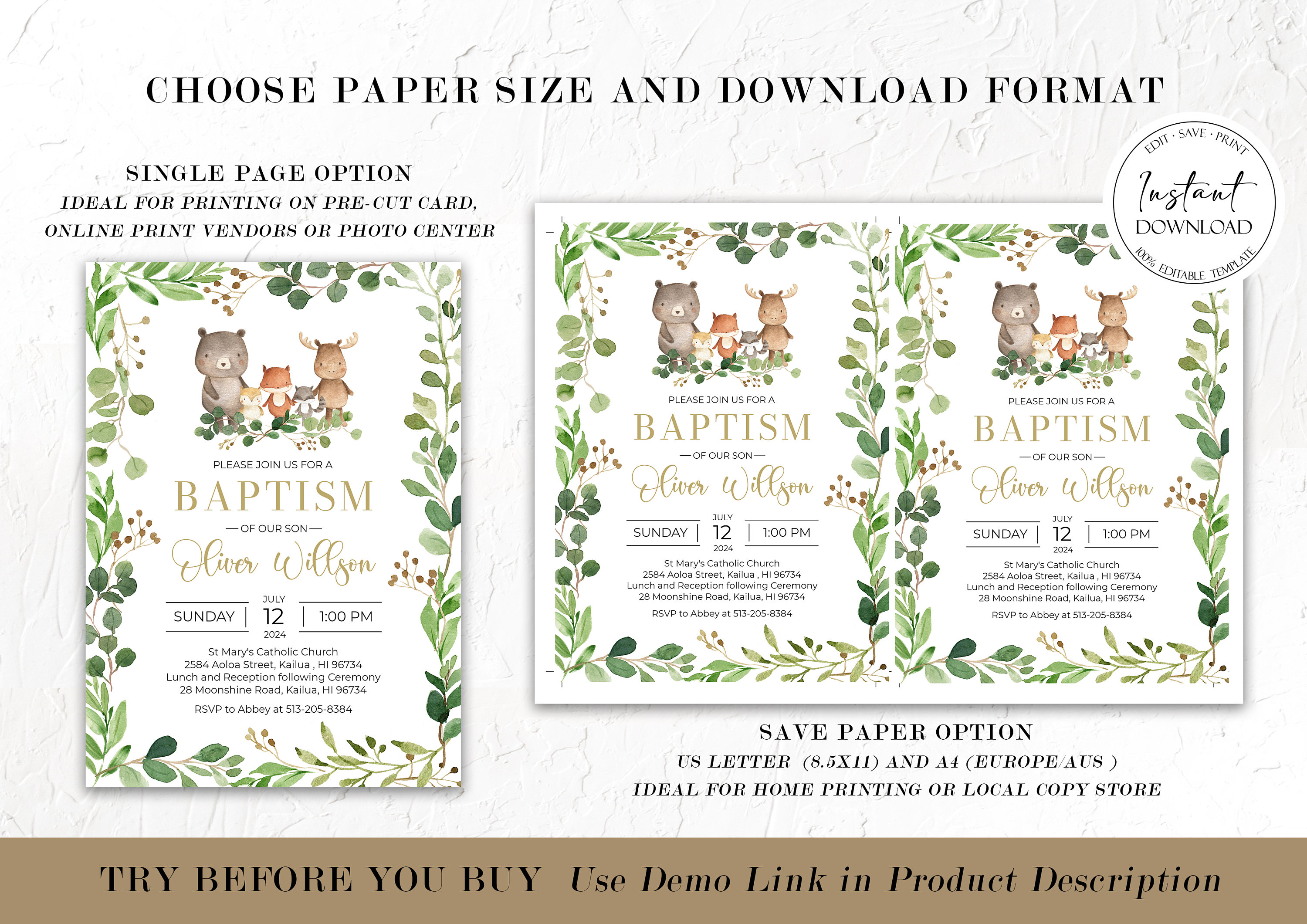 Baptism Invitation Animal Baptism Invitation Woodland - Etsy