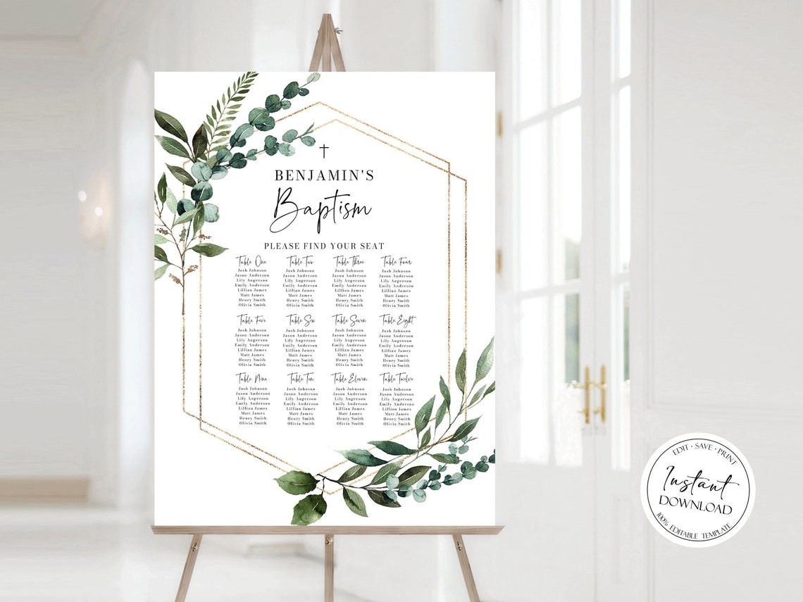Greenery Baptism Seating Chart Template, Cross Lush Greenery Baptism ...
