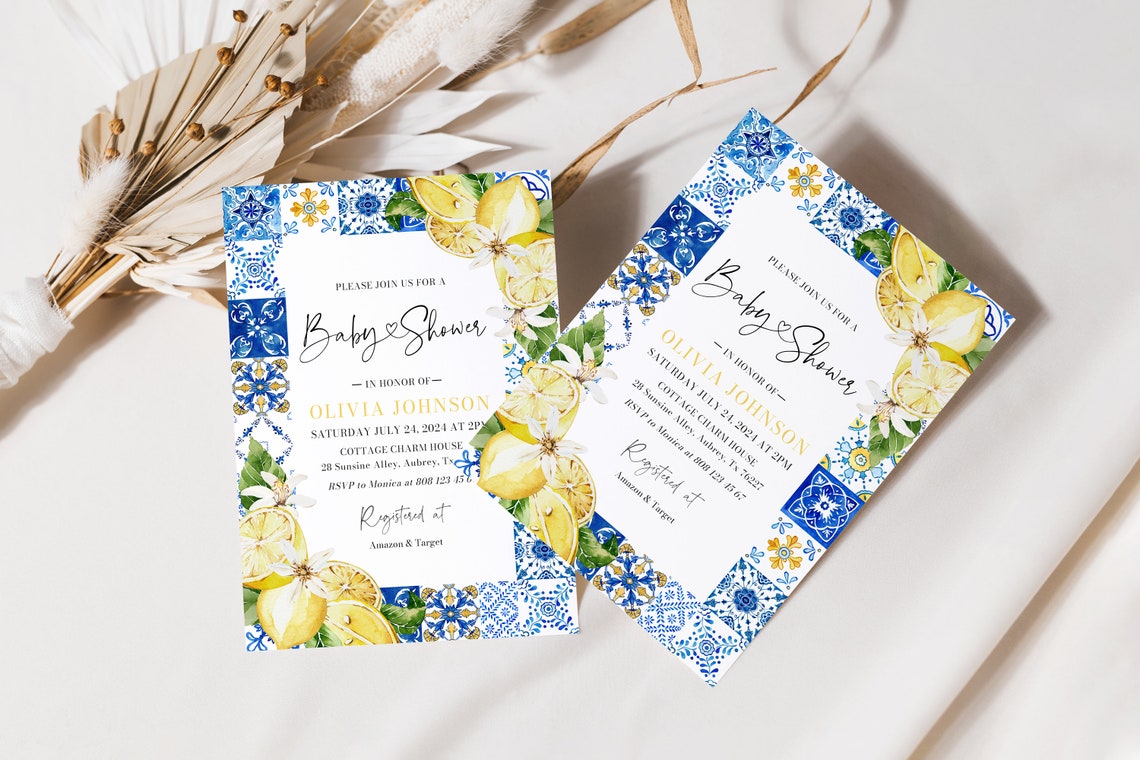 Positano Blue Tiles Lemon Baby Shower Invitation Template, Italian ...