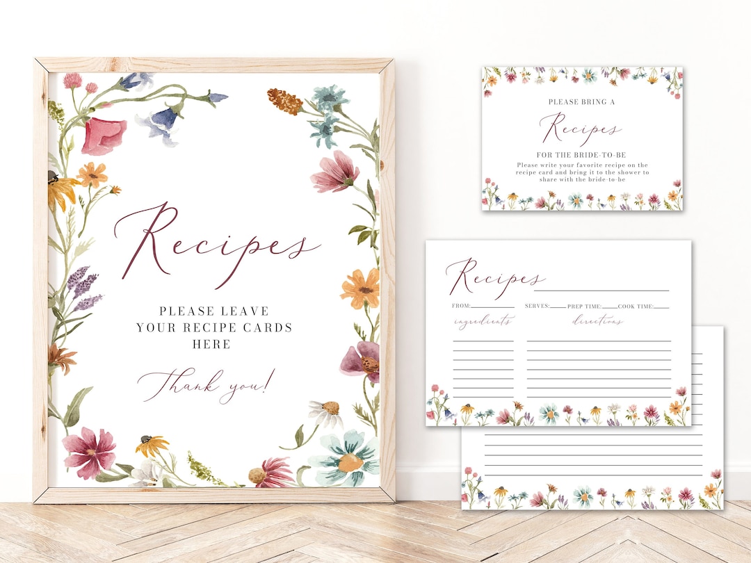 Wildflower Recipe Card, Wildflower Bridal Shower Recipe Card Template ...