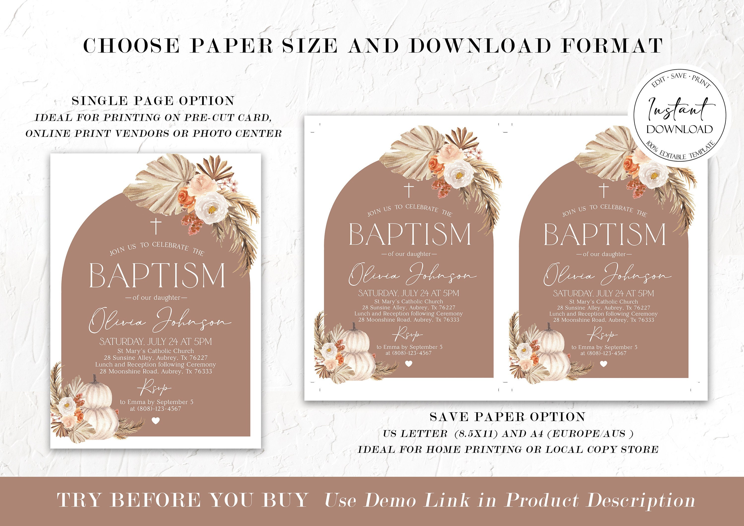 Fall Baptism Invitation Template, Editable Arch Boho Pampas Grass ...