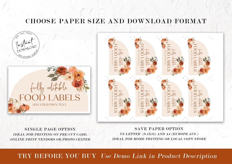 Fall Food Labels, Editable Arch Boho Fall Pumpkin Food Tent Cards ...