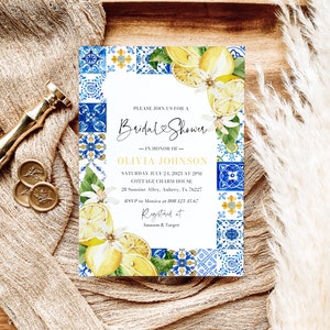 Italian Blue Tile Lemon Bridal Shower Invitation Template Mediterranean ...