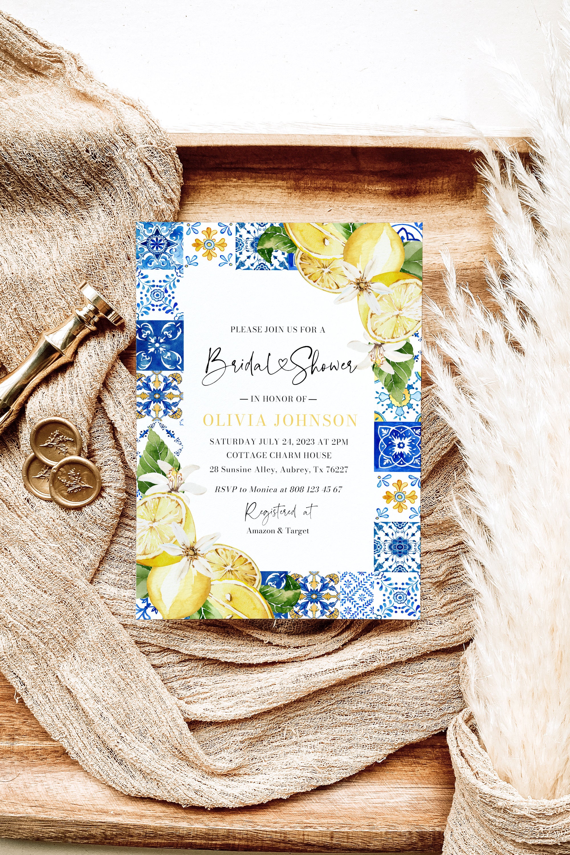Italian Blue Tile Lemon Bridal Shower Invitation Template Mediterranean ...
