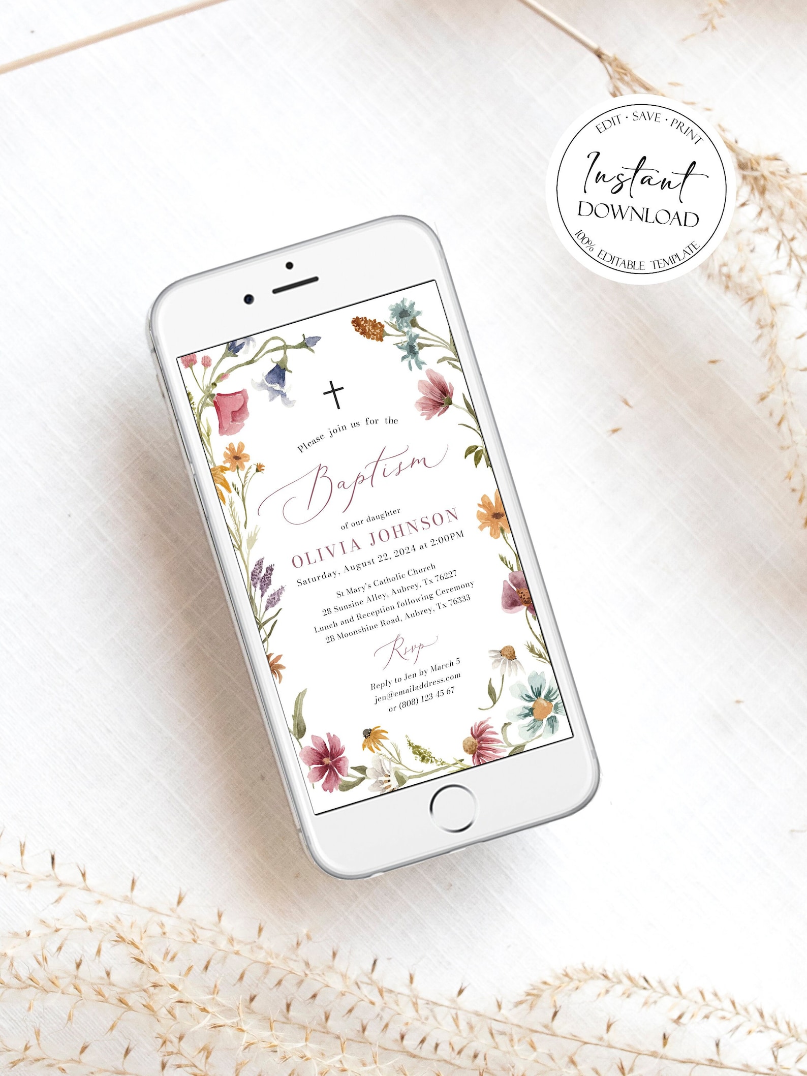 Digital Baptism Invitation, Wildflower Baptism Evite, Red Floral Cross ...