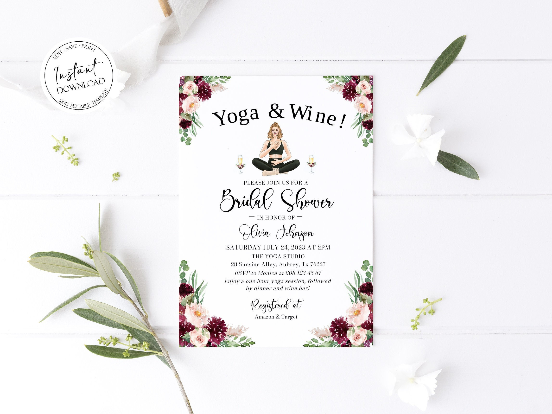 Yoga Bridal Shower Invitation Burgundy Floral Yoga and Wine - Etsy