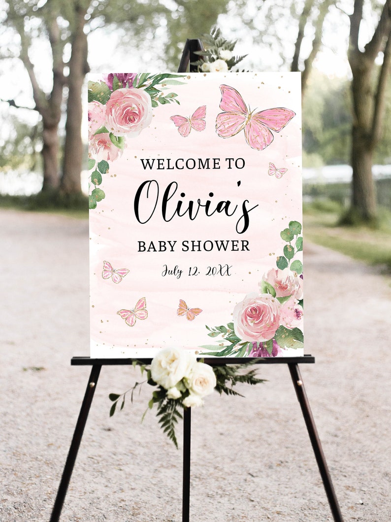 Butterfly Baby Shower Welcome Sign Pink Gold Floral Butterfly - Etsy