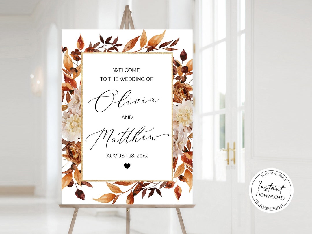 Fall Wedding Welcome Sign Template, Autumn Wedding Ceremony Sign ...