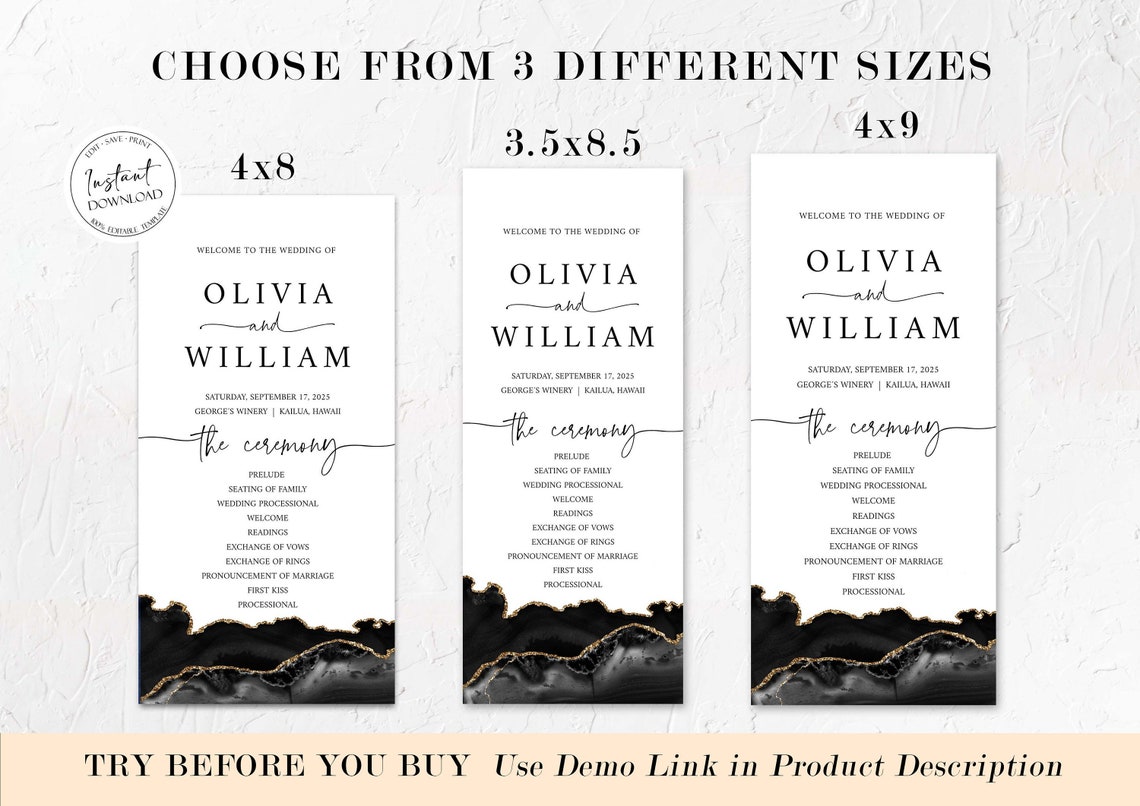 Black Gold Agate Wedding Program Template Black Gold Geode - Etsy