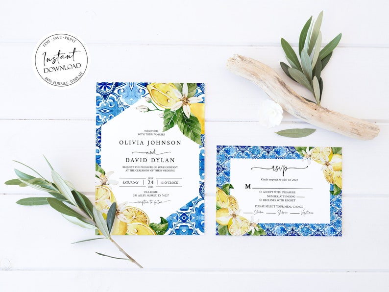 Positano Blue Tile Lemons Wedding Invitation Set - Etsy