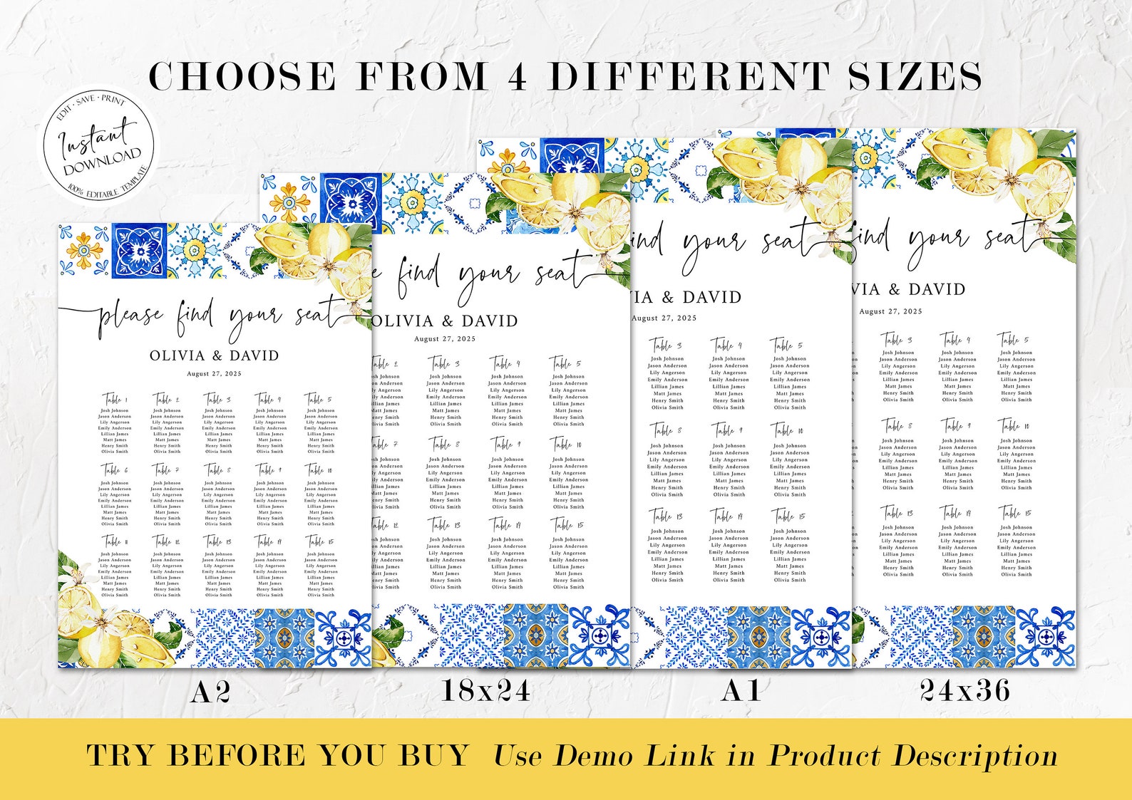 Blue Tiles Lemon Seating Chart, Printable Mediterranean Wedding Seating ...